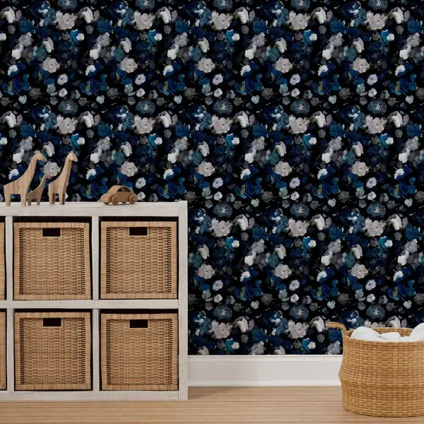 Spoonflower Floral Dark Modern Painted Flowers Blue Moody Custom Pre-pasted Wallpaper - Blue,navy