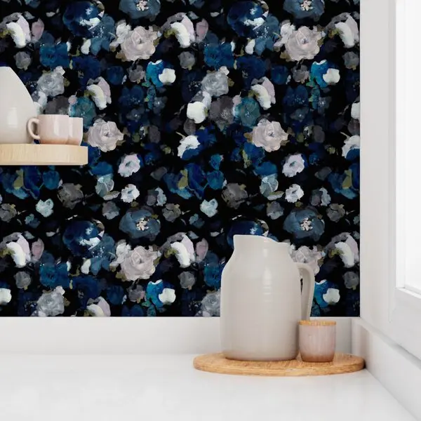 Spoonflower Floral Dark Modern Painted Flowers Blue Moody Custom Pre-pasted Wallpaper - Blue,navy