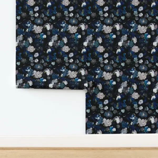 Spoonflower Floral Dark Modern Painted Flowers Blue Moody Custom Pre-pasted Wallpaper - Blue,navy