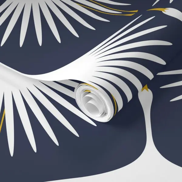 Spoonflower Art Deco Swans Epic Custom Pre-pasted Wallpaper - Navy