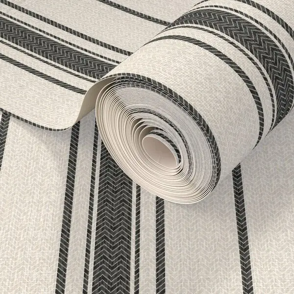 Spoonflower Grain Sack Stripe 2 In Ebony 100% Natural Sisal Grasscloth Wallcovering - Gray