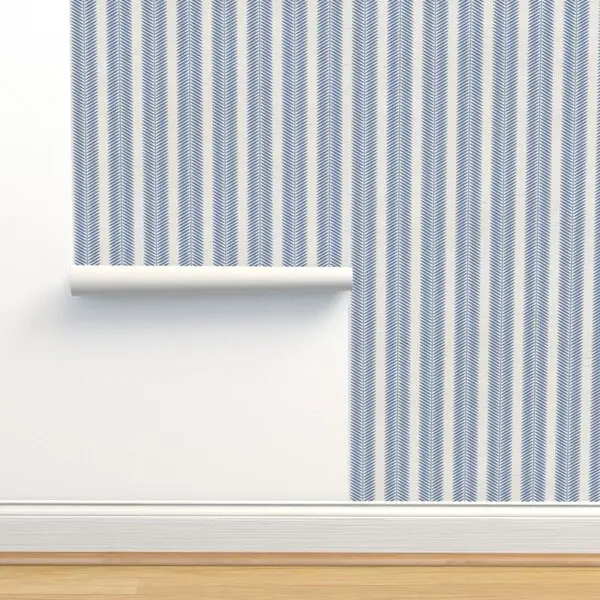 Spoonflower Laurel Leaf Amy Blue And White 100% Natural Sisal Grasscloth Wallcovering - Gray,blue