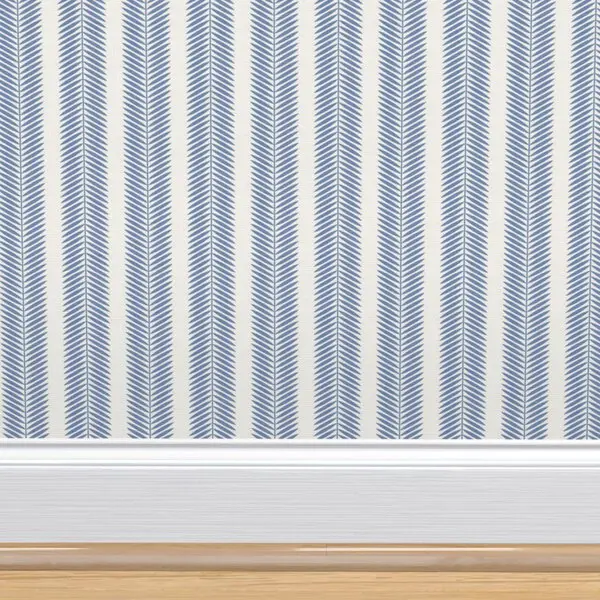 Spoonflower Laurel Leaf Amy Blue And White 100% Natural Sisal Grasscloth Wallcovering - Gray,blue