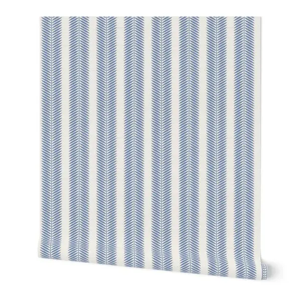 Spoonflower Laurel Leaf Amy Blue And White 100% Natural Sisal Grasscloth Wallcovering - Gray,blue