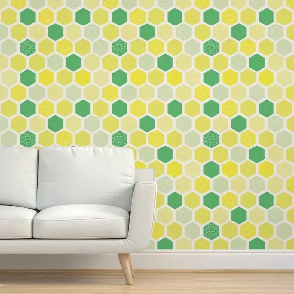 Spoonflower Mod Screen Lime And Green Hexagons 100% Natural Sisal Grasscloth Wallcovering
