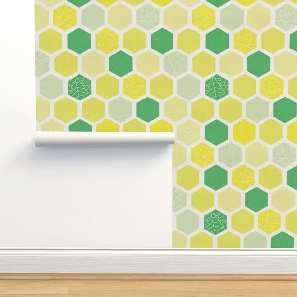 Spoonflower Mod Screen Lime And Green Hexagons 100% Natural Sisal Grasscloth Wallcovering