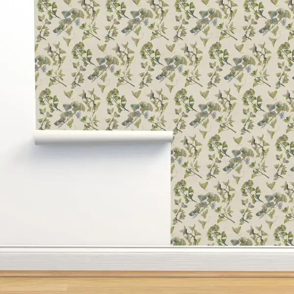 Spoonflower Ginkgo 100% Natural Sisal Grasscloth Wallcovering - Beige,green