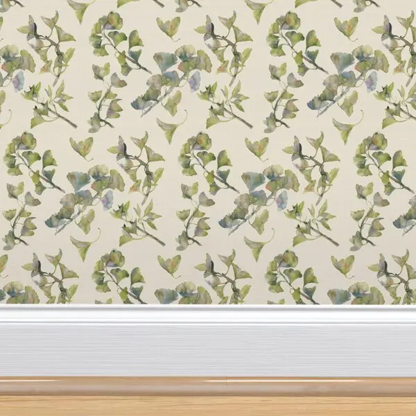 Spoonflower Ginkgo 100% Natural Sisal Grasscloth Wallcovering - Beige,green