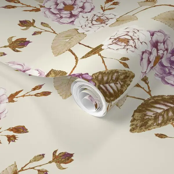 Spoonflower Vintage Boho Floral Violet Cream Bohemian Flowers Custom Pre-pasted Wallpaper - Yellow,purple,cream