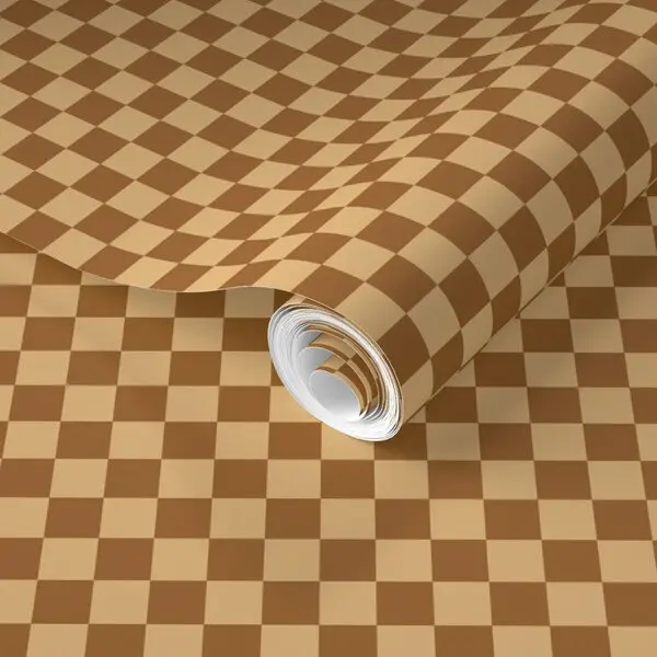Spoonflower Vintage Retro Warm 70s Checkered Chocolate Custom Pre-pasted Wallpaper - Brown