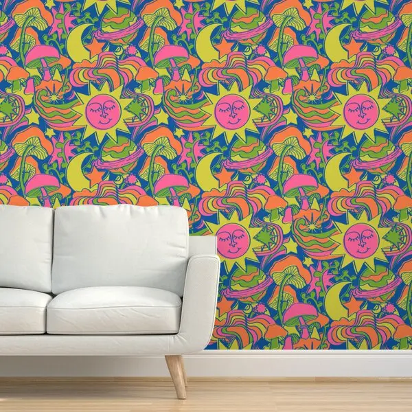 Spoonflower Neon Suns Groovy Kitsch 70s 1970s Retro Custom Pre-pasted Wallpaper - Blue