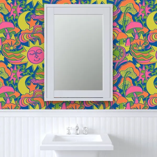 Spoonflower Neon Suns Groovy Kitsch 70s 1970s Retro Custom Pre-pasted Wallpaper - Blue