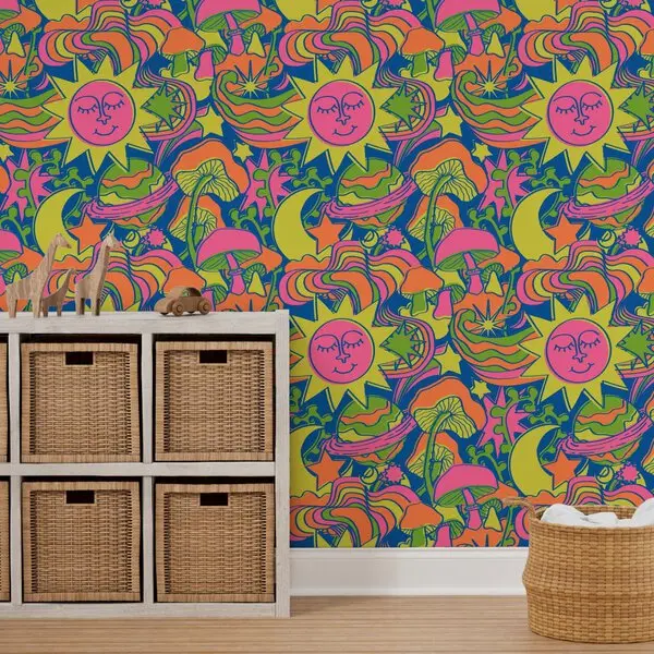 Spoonflower Neon Suns Groovy Kitsch 70s 1970s Retro Custom Pre-pasted Wallpaper - Blue