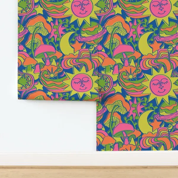 Spoonflower Neon Suns Groovy Kitsch 70s 1970s Retro Custom Pre-pasted Wallpaper - Blue