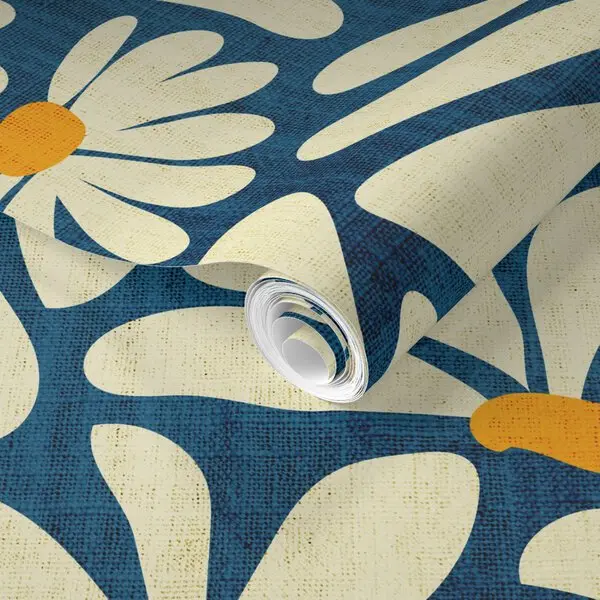 Spoonflower Retro Daisy Flower Power Floral Vintage Custom Pre-pasted Wallpaper - Blue
