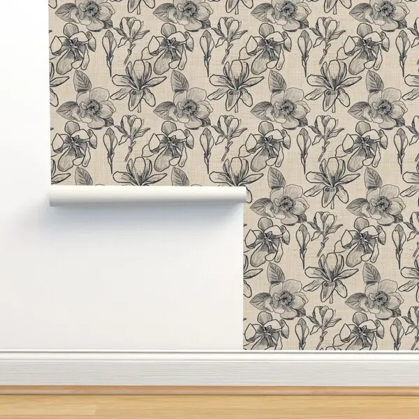 Spoonflower Chalky Flowers On A Grass Cloth 100% Natural Sisal Grasscloth Wallcovering - White,black,gray