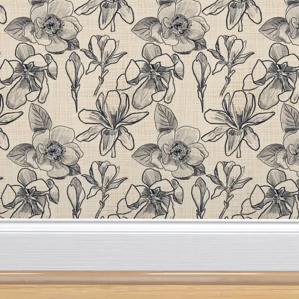 Spoonflower Chalky Flowers On A Grass Cloth 100% Natural Sisal Grasscloth Wallcovering - White,black,gray