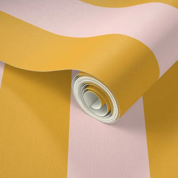 Spoonflower Bold Stripe Yellow Coastal Beach Citrus Lemon Custom Pre-pasted Wallpaper - Pink