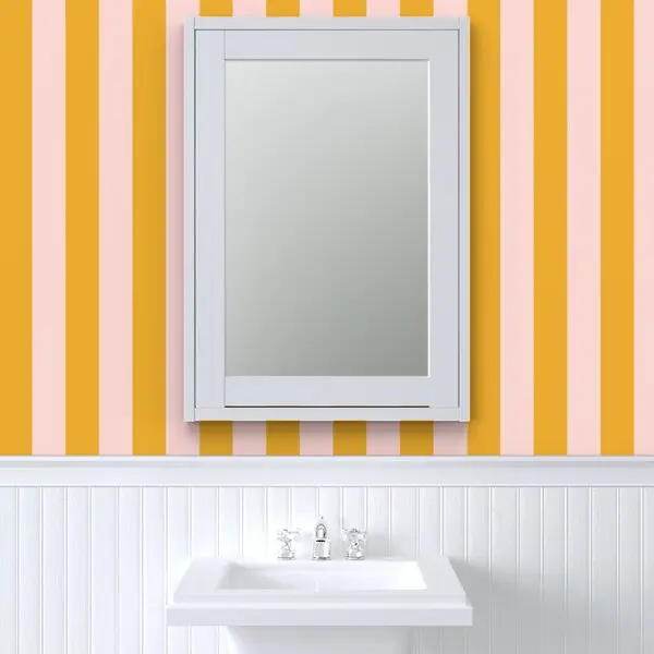 Spoonflower Bold Stripe Yellow Coastal Beach Citrus Lemon Custom Pre-pasted Wallpaper - Pink
