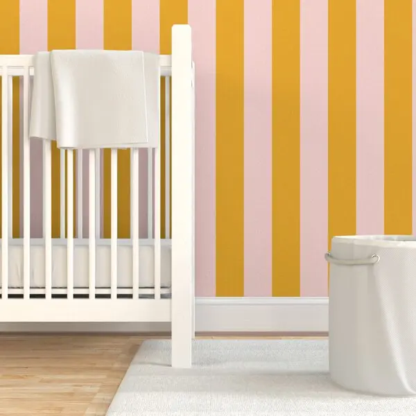 Spoonflower Bold Stripe Yellow Coastal Beach Citrus Lemon Custom Pre-pasted Wallpaper - Pink