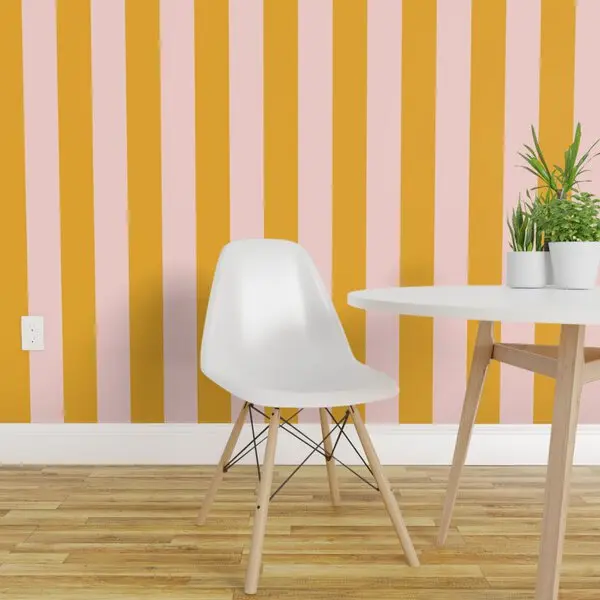 Spoonflower Bold Stripe Yellow Coastal Beach Citrus Lemon Custom Pre-pasted Wallpaper - Pink