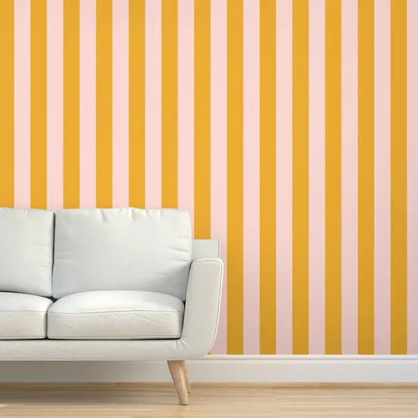 Spoonflower Bold Stripe Yellow Coastal Beach Citrus Lemon Custom Pre-pasted Wallpaper - Pink