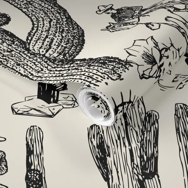Spoonflower Western Cowboy Toile Saguaro Cactus Horses Desert Custom Pre-pasted Wallpaper - Cream