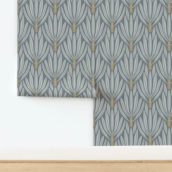 Spoonflower Leaves Floral Leaf Palm Elegant Lines Frond Custom Pre-pasted Wallpaper - Gray