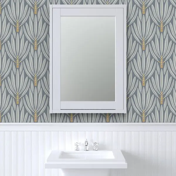 Spoonflower Leaves Floral Leaf Palm Elegant Lines Frond Custom Pre-pasted Wallpaper - Gray