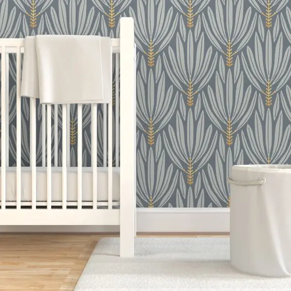 Spoonflower Leaves Floral Leaf Palm Elegant Lines Frond Custom Pre-pasted Wallpaper - Gray