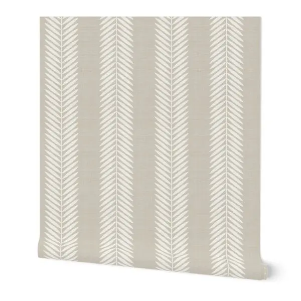 Spoonflower Laurel Leaf Putty And White 100% Natural Sisal Grasscloth Wallcovering - Gray,white