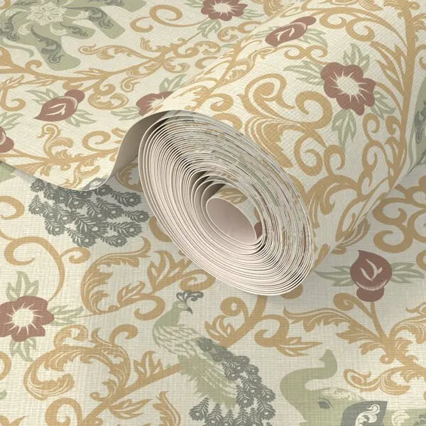 Spoonflower Elephant And Peacock Rococo Tan Filigree With Sage 100% Natural Sisal Grasscloth Wallcovering - Beige,brown,red