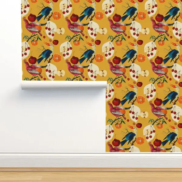 Spoonflower Love Birds Bold 100% Natural Sisal Grasscloth Wallcovering