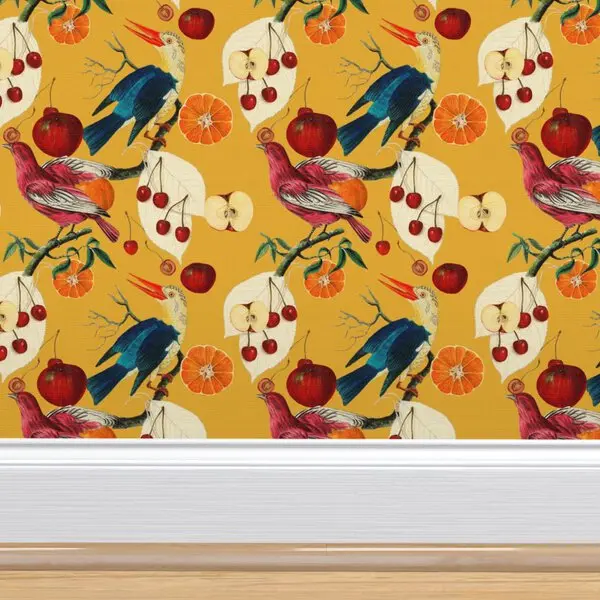 Spoonflower Love Birds Bold 100% Natural Sisal Grasscloth Wallcovering