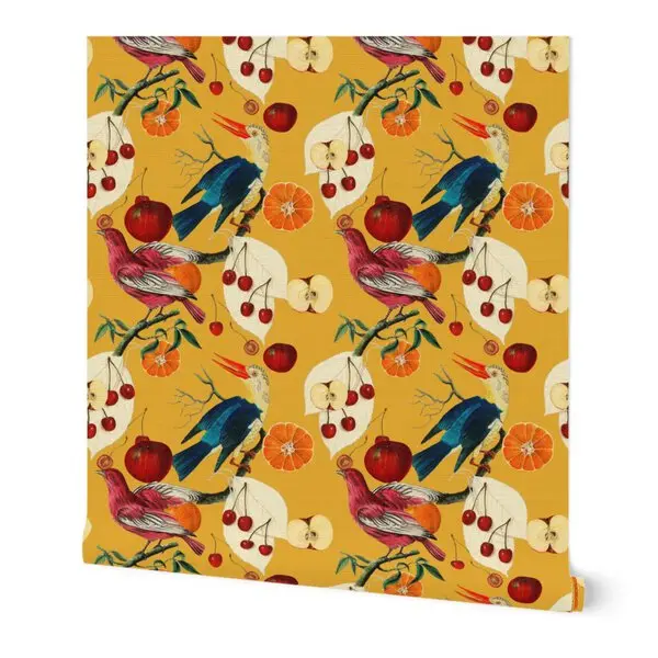Spoonflower Love Birds Bold 100% Natural Sisal Grasscloth Wallcovering