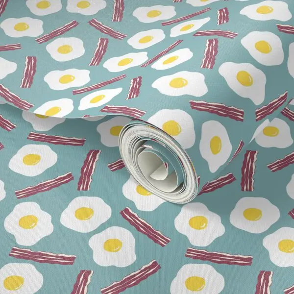 Spoonflower Fun Egg Food Kitchen Humor Cook Cafe Ditsy Custom Pre-pasted Wallpaper - Teal
