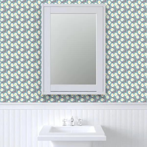 Spoonflower Fun Egg Food Kitchen Humor Cook Cafe Ditsy Custom Pre-pasted Wallpaper - Teal