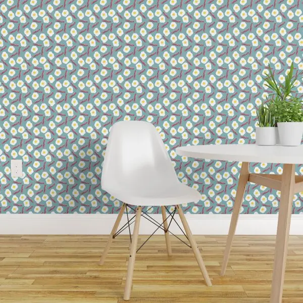 Spoonflower Fun Egg Food Kitchen Humor Cook Cafe Ditsy Custom Pre-pasted Wallpaper - Teal