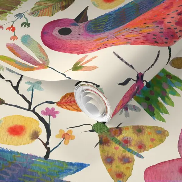 Spoonflower Watercolor Artistic Leaves Floral Birds Colorful Custom Pre-pasted Wallpaper - Ivory