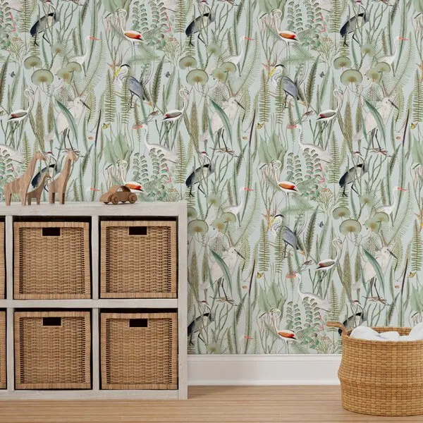 Spoonflower Herons In Marsh For Pale Medium Scale Custom Pre-pasted Wallpaper