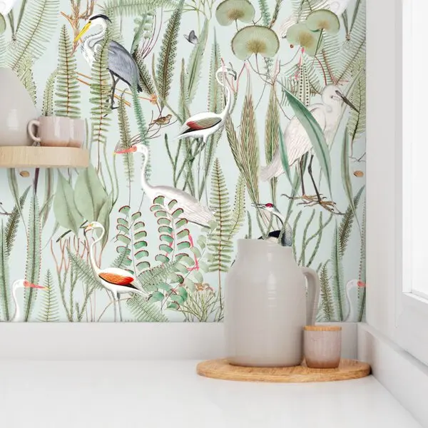 Spoonflower Herons In Marsh For Pale Medium Scale Custom Pre-pasted Wallpaper