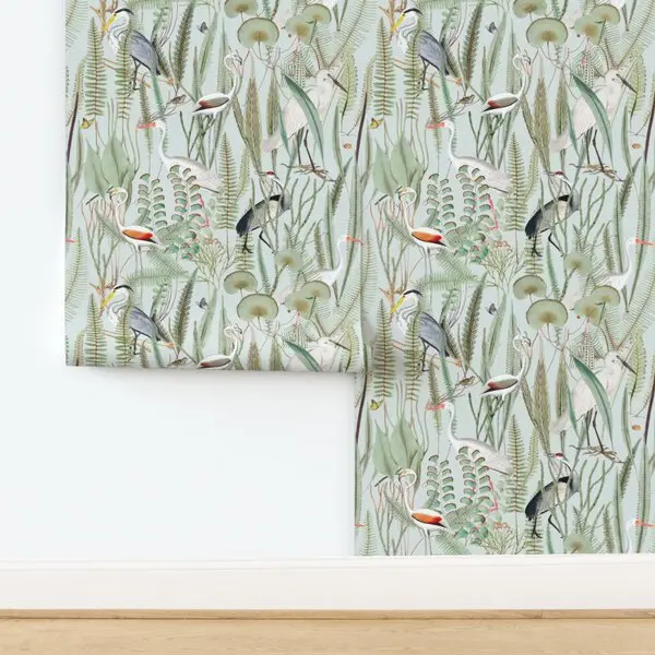 Spoonflower Herons In Marsh For Pale Medium Scale Custom Pre-pasted Wallpaper - Blue