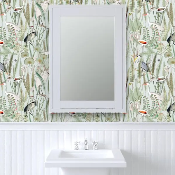 Spoonflower Herons In Marsh For Pale Medium Scale Custom Pre-pasted Wallpaper - Blue