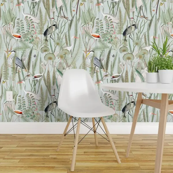 Spoonflower Herons In Marsh For Pale Medium Scale Custom Pre-pasted Wallpaper - Blue