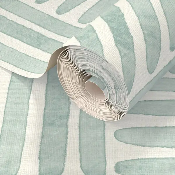 Spoonflower Painted Lines 100% Natural Sisal Grasscloth Wallcovering - Mint,gray,white