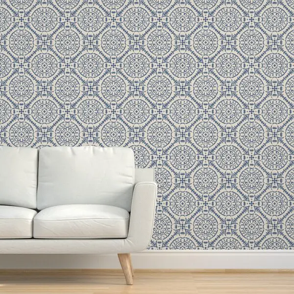 Spoonflower Taza Media Blue 100% Natural Sisal Grasscloth Wallcovering