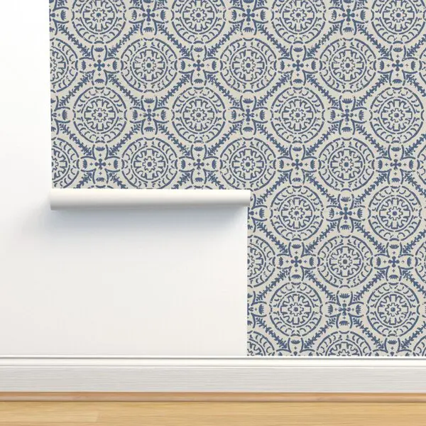 Spoonflower Taza Media Blue 100% Natural Sisal Grasscloth Wallcovering