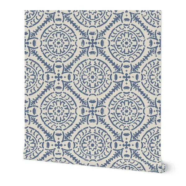 Spoonflower Taza Media Blue 100% Natural Sisal Grasscloth Wallcovering