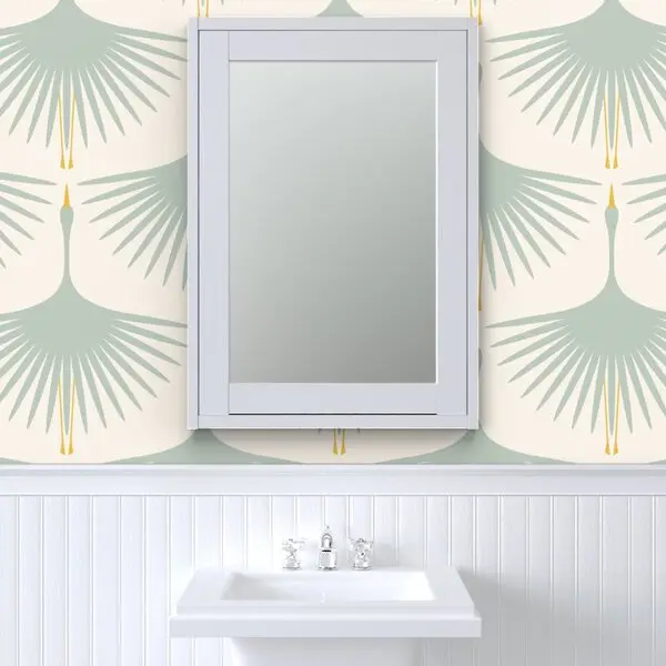 Spoonflower Large Art Deco Swans Custom Pre-pasted Wallpaper - Cream