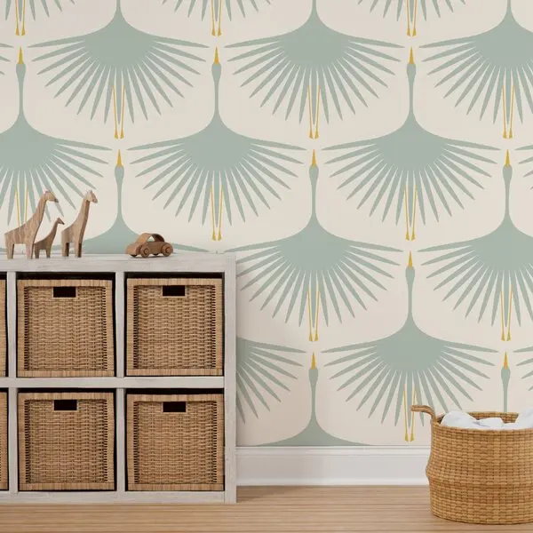 Spoonflower Large Art Deco Swans Custom Pre-pasted Wallpaper - Cream